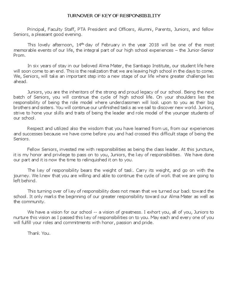 Key of Responsibility Turnover Speech | PDF