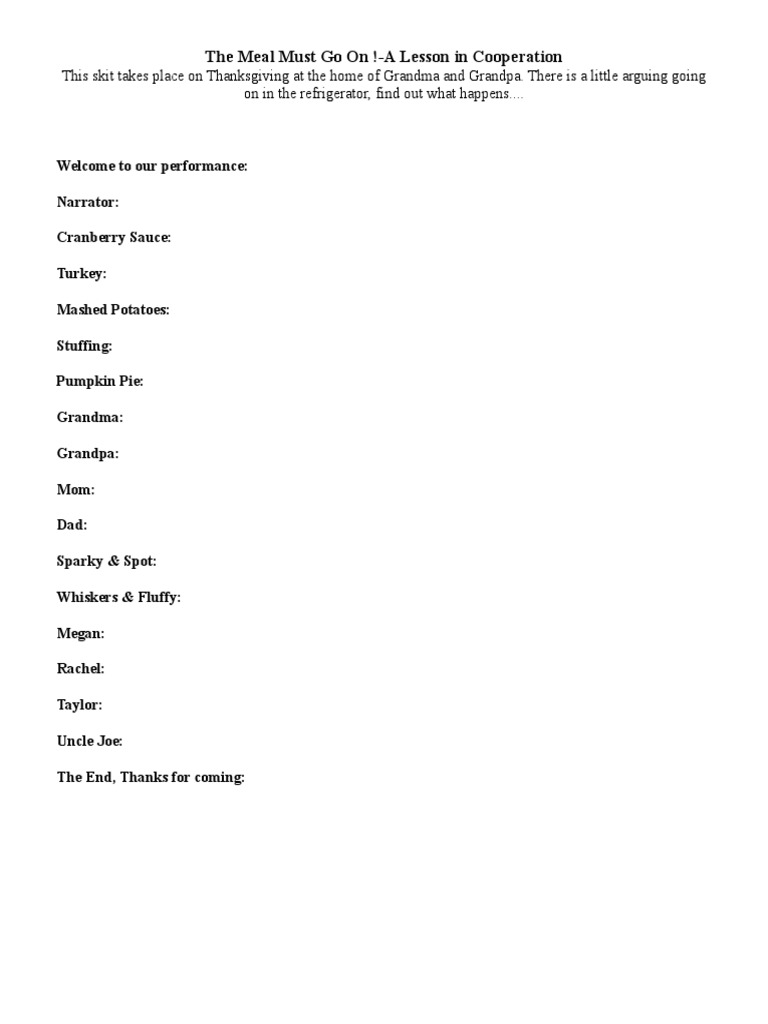 Thanksgiving Skit: Food's Cooperation Story | PDF | Thanksgiving Dinner ...