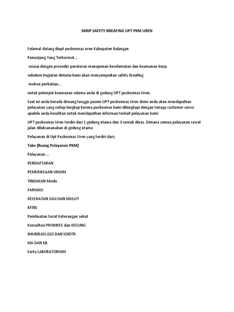 SAFETY BRIEFING DI UPT PUSKESMAS UREN: MEMPERKENALKAN PROSEDUR ...