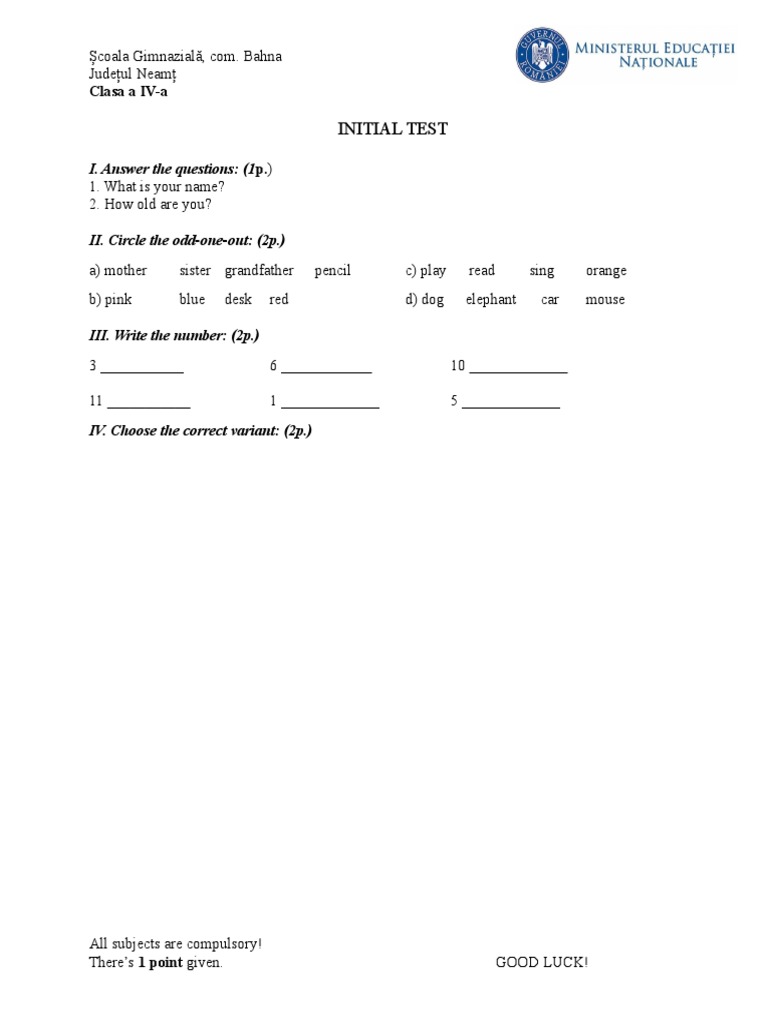 Initial Test: I. Answer The Questions: (1p.) | PDF