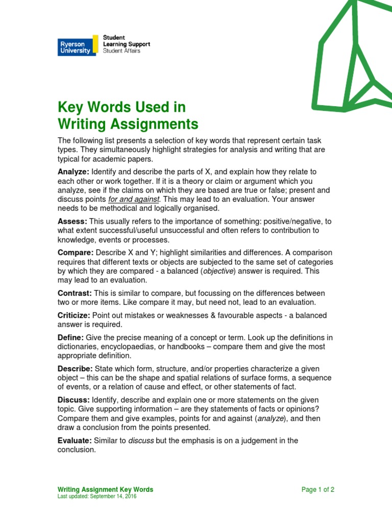 Key Words Used in Writing Assignments | PDF | Definition | Evaluation