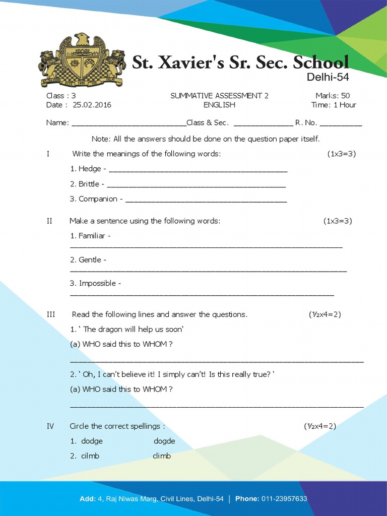 ICSE Class 3 Annual Exam Model Question Paper 1 - ENGLISH PDF | PDF ...