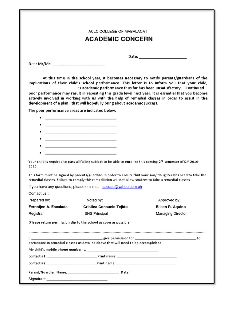 ACLC College Academic Concern Letter | PDF