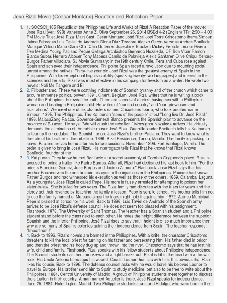 Jose Rizal Movie (Ceasar Montano) Reaction and Reflection Paper | PDF | Philippines