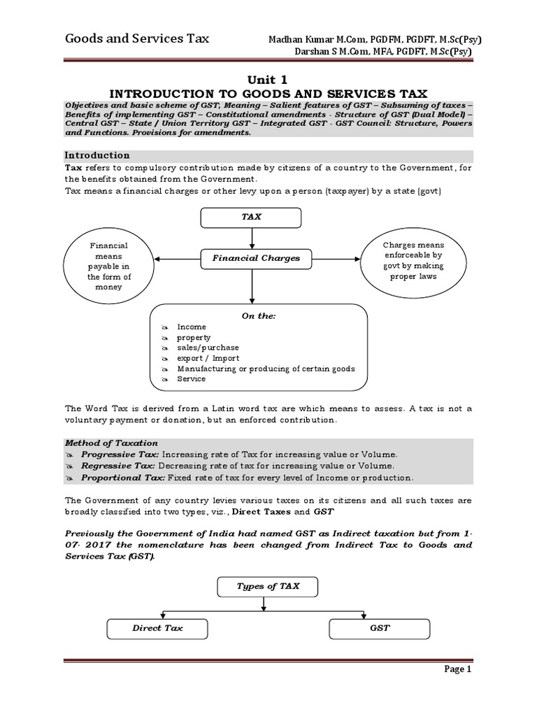 Unit 1 Introduction To Goods and Services Tax | PDF | Taxes | Indirect Tax