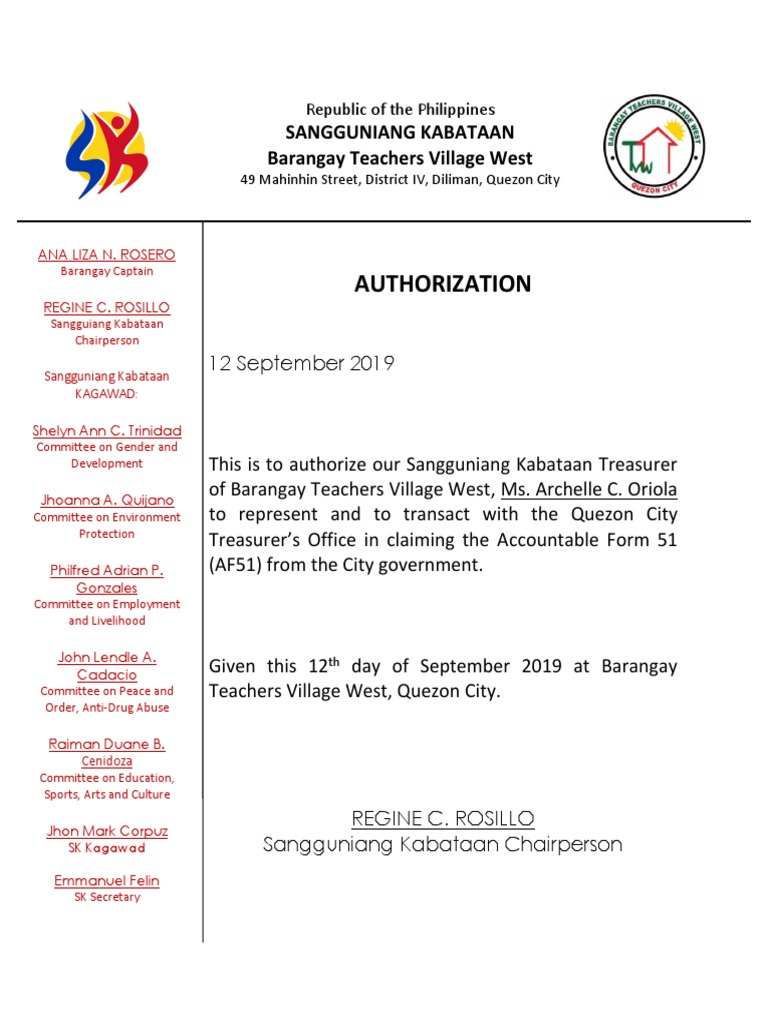 Authorization: Sangguniang Kabataan Barangay Teachers Village West | PDF
