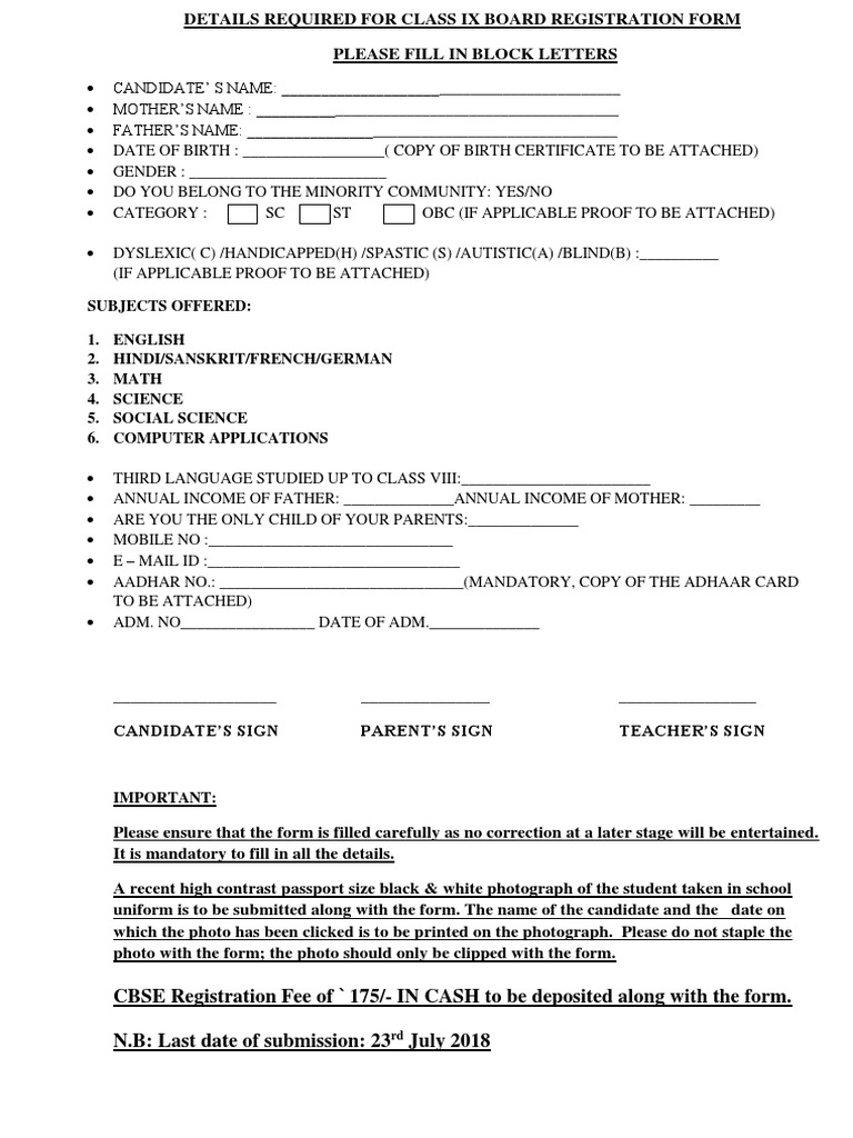 Class 9 CBSE Registration Guidelines | PDF | Birth Certificate | Learning