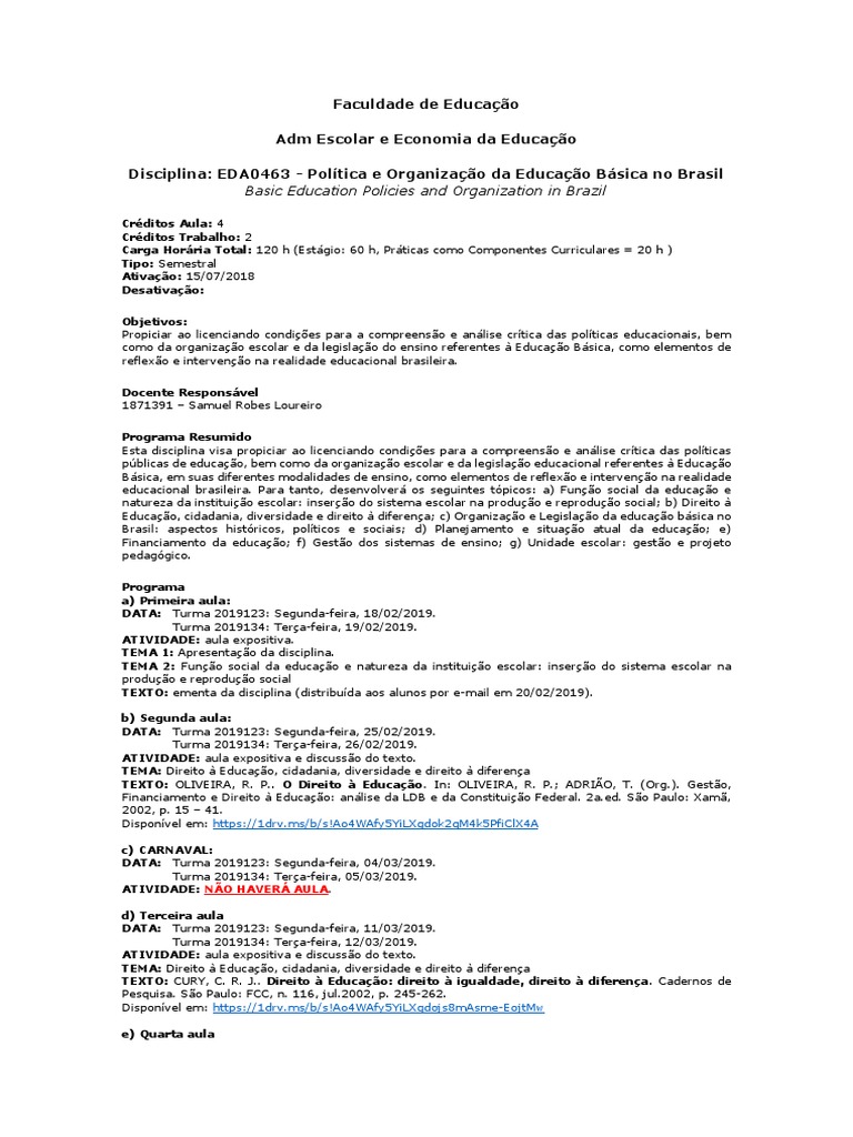 Ementa POEB USP | PDF | Pedagogia | Brasil