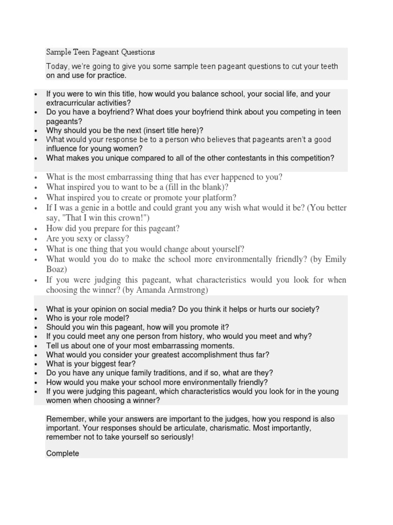 Sample Teen Pageant Questions
