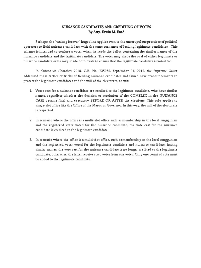 Nuisance Candidates and Vote Crediting | PDF | Voting | Political Law