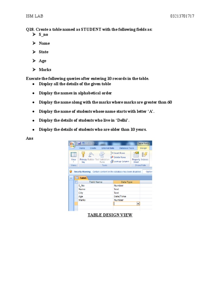 Q18. Create A Table Named As STUDENT With The Following Fields As | PDF ...