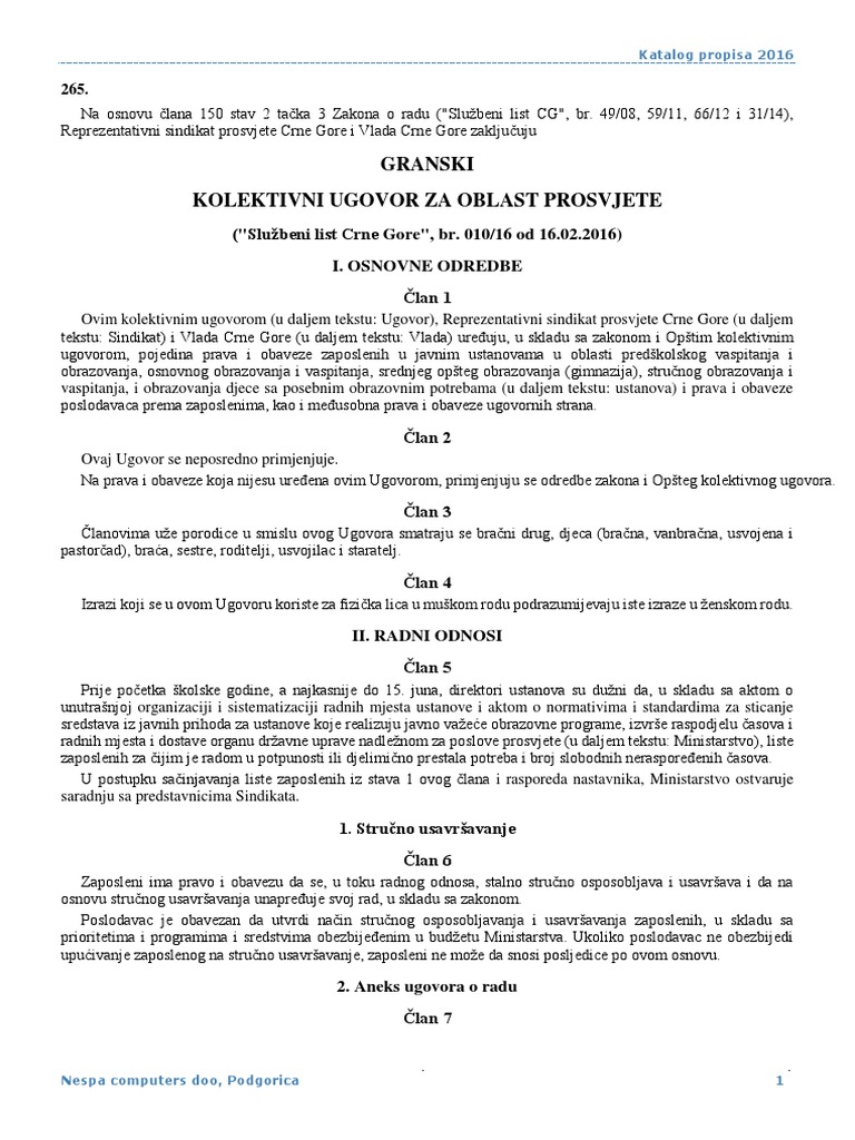 Granski Kolektivni Ugovor, Prosvjete | PDF