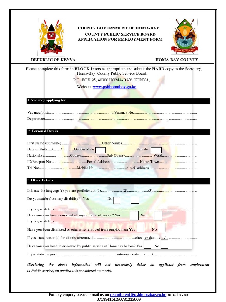 County Public Service Board Application For Employment Form: WWW ...