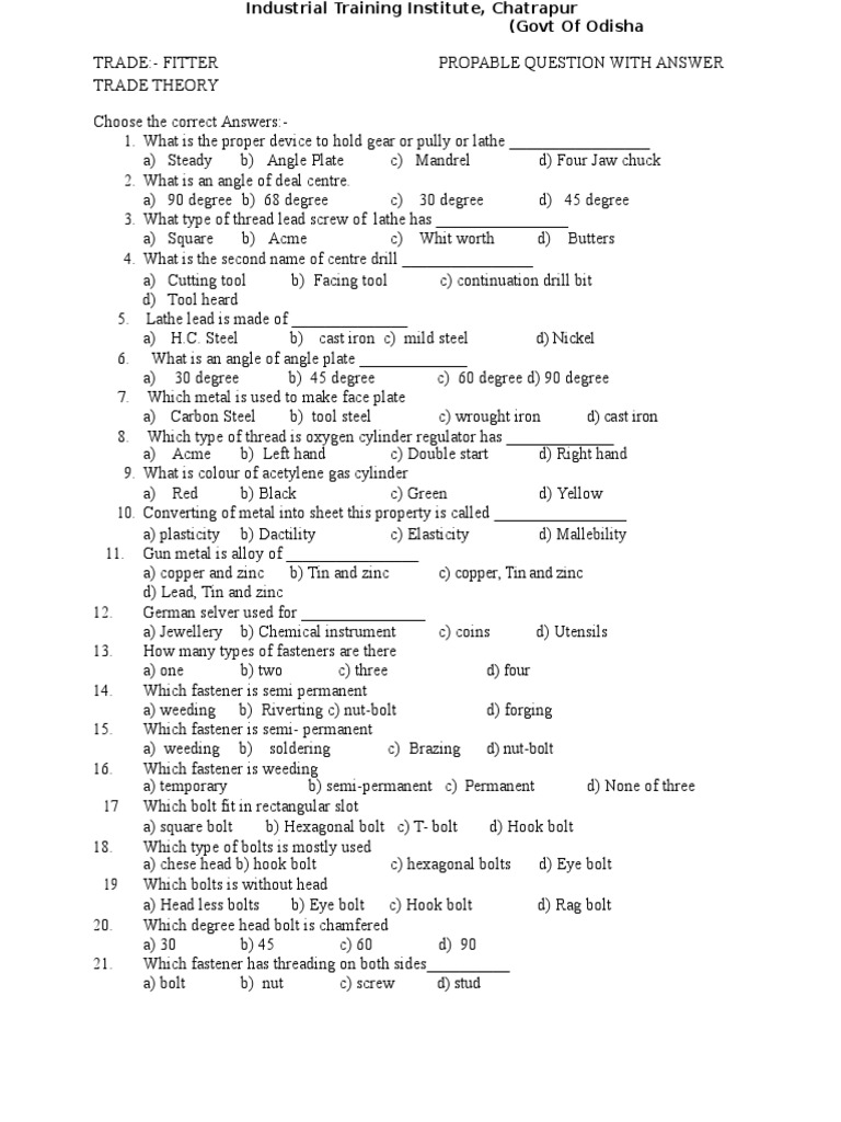 Fitter Trade Theory Questions & Answers | PDF | Screw | Sheet Metal