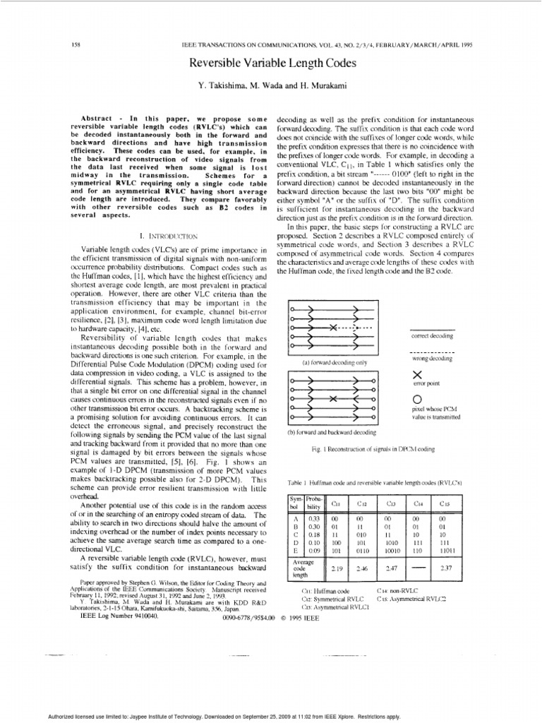 Takishima Reversible Variable Length Codes Pdf Code Data Compression 