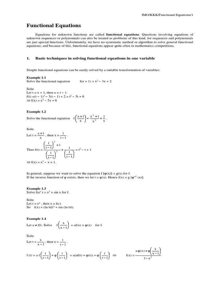 Functional Equations 1 Basic Techniques In Solving Functional Equations In One Variable Pdf