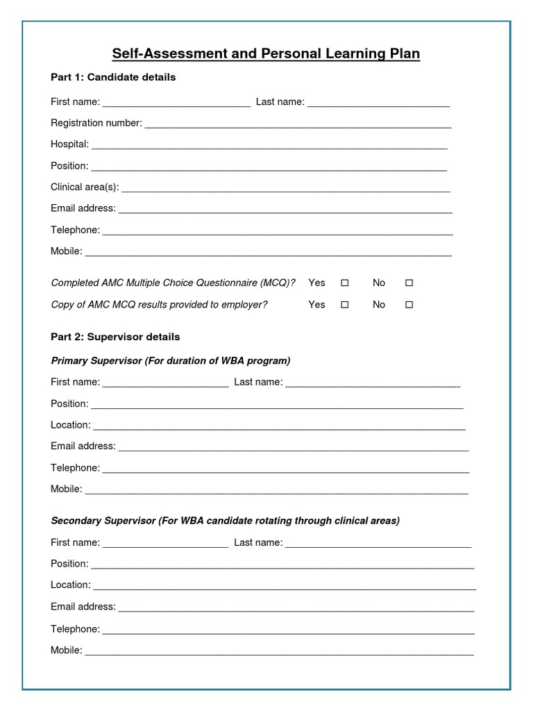 Self-Assessment and Personal Learning Plan: Part 1: Candidate Details ...