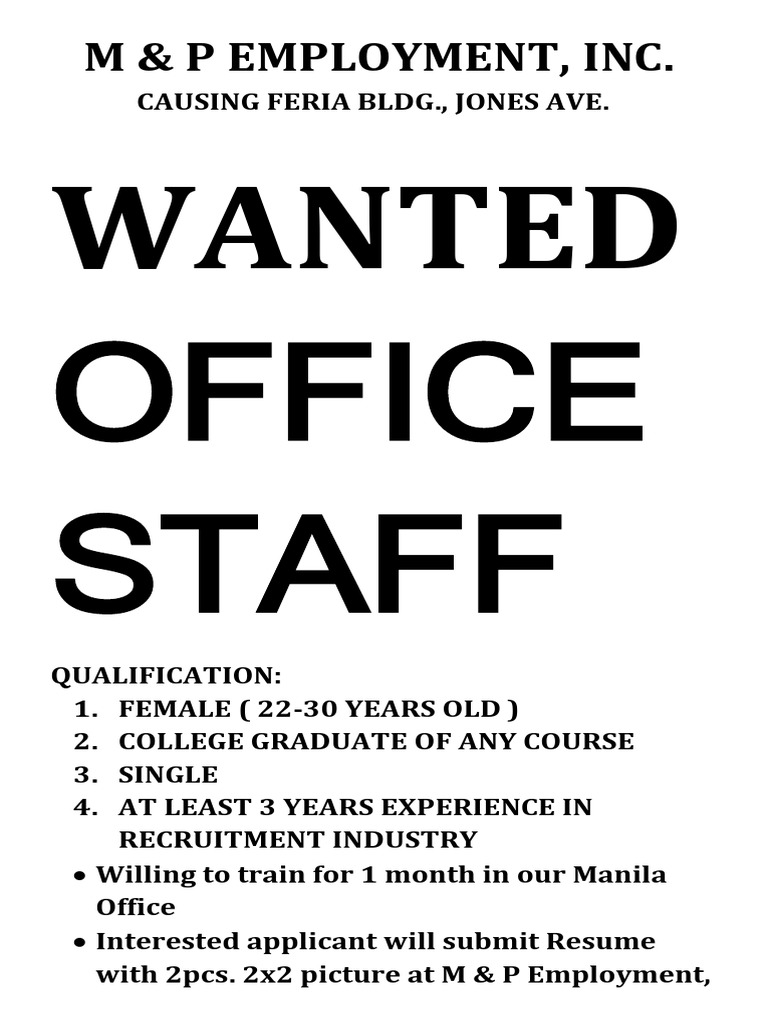 Office Staff Wanted at M & P Employment | PDF | Labour | Business