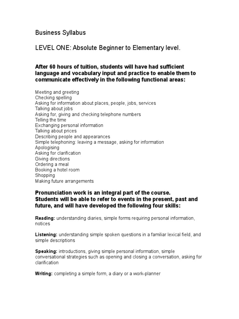 Business Syllabus LEVEL ONE: Absolute Beginner To Elementary Level ...