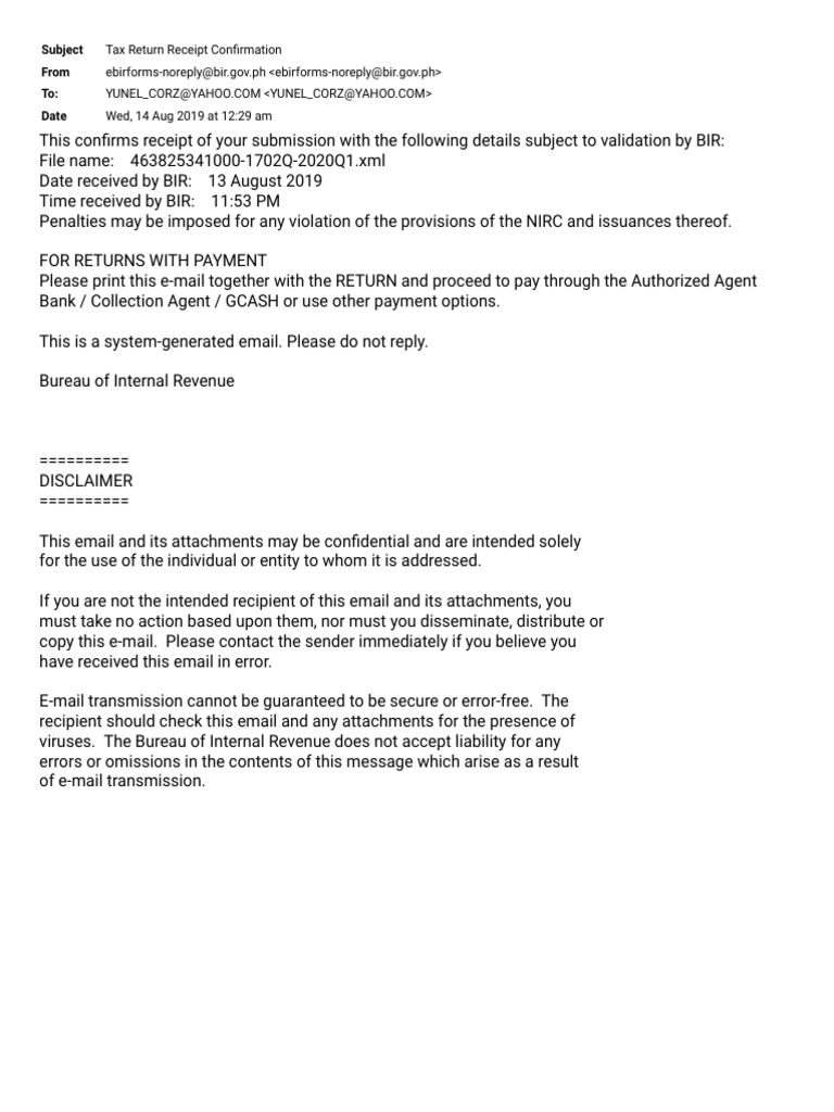 Tax Return Receipt Confirmation Ebirforms-Noreply@bir - Gov.ph Wed, 14 ...