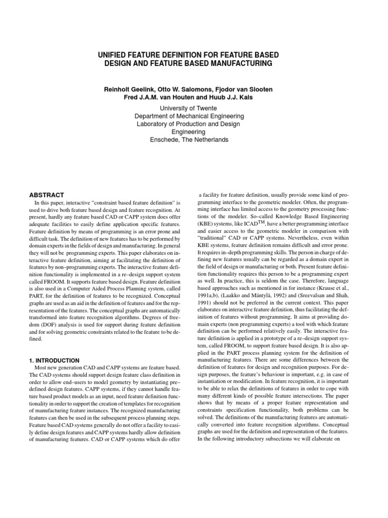 Unified Feature Definition For Feature Based Design and Feature Based ...