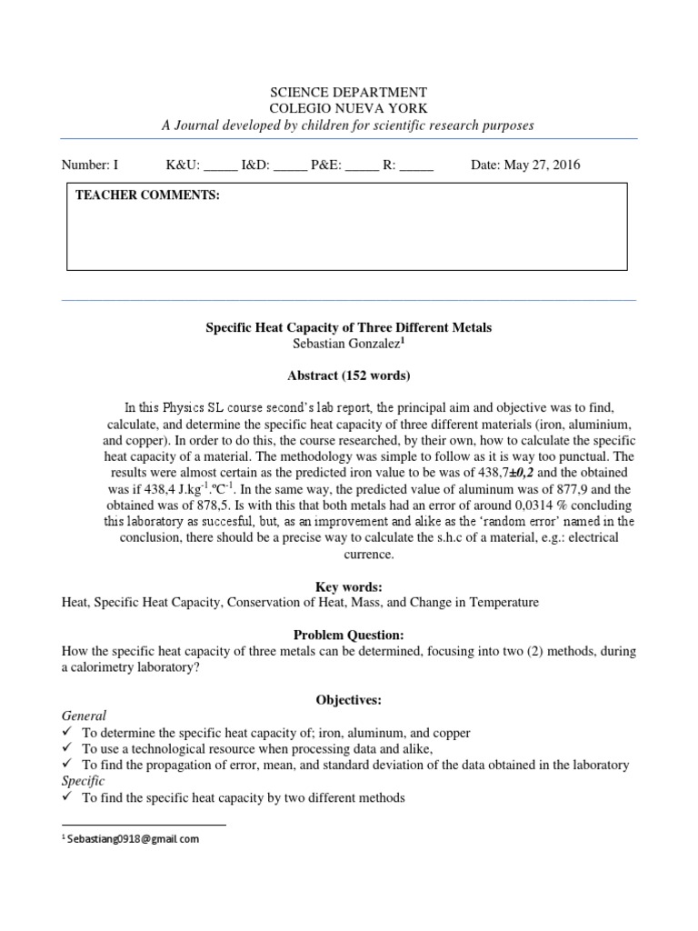 IB Physics SL Lab Report Specific Heat Capacity | PDF | Celsius | Heat