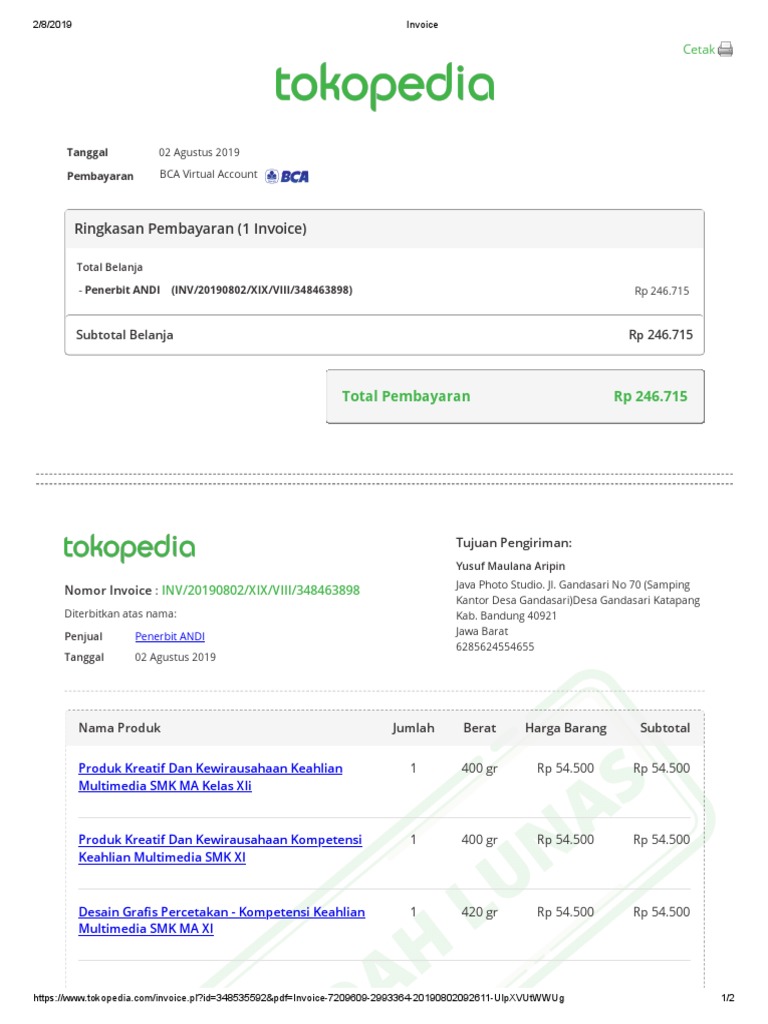 Invoice Pembelian Penerbit ANDI 2019 | PDF