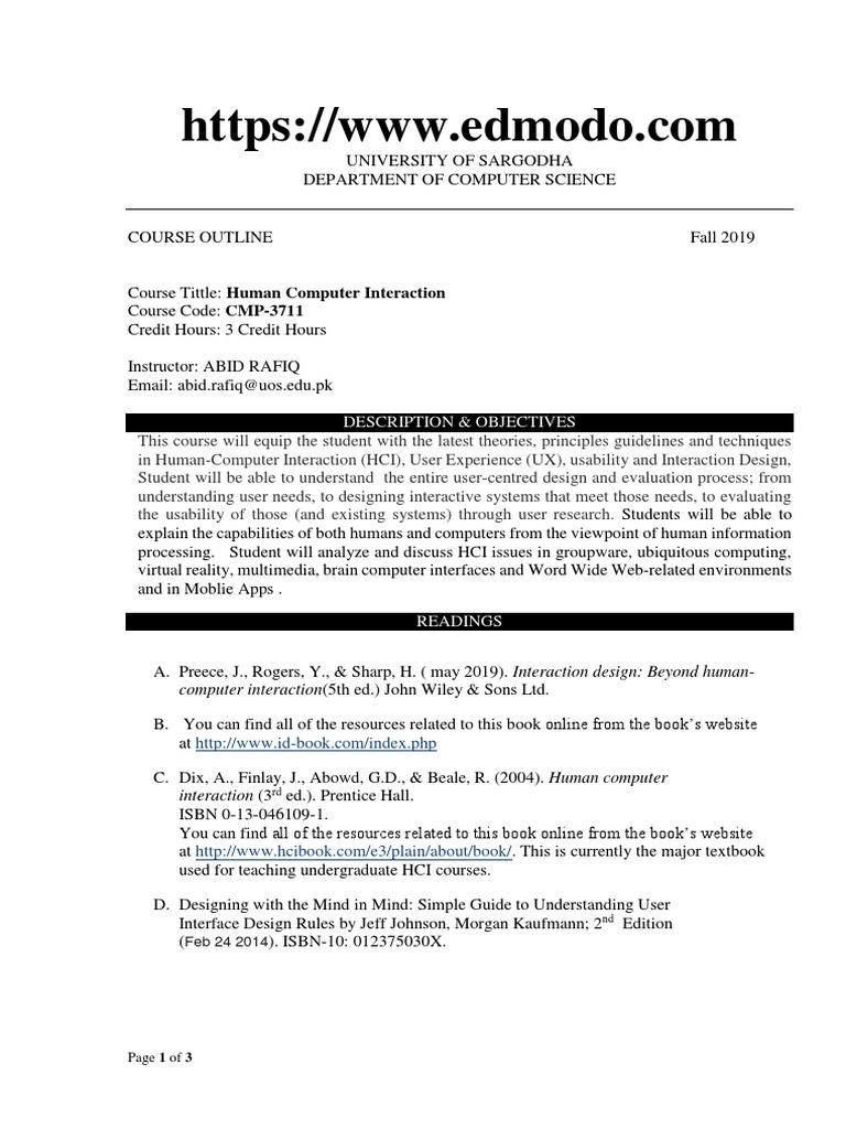 Course Outline Template 2019+ Hci Abid Rafiq | PDF | Human–Computer Interaction | Usability