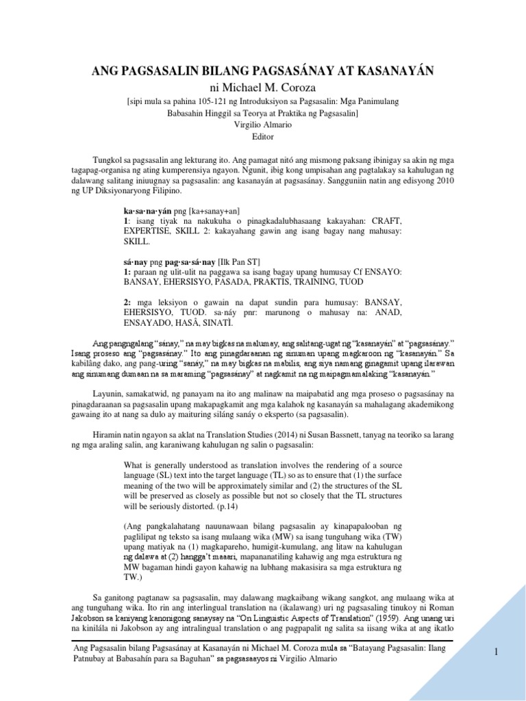 V. Introduksiyon Sa Pagsasalin Mga Panimulang Babasahin Hinggil Sa Teorya at Praktika NG ...