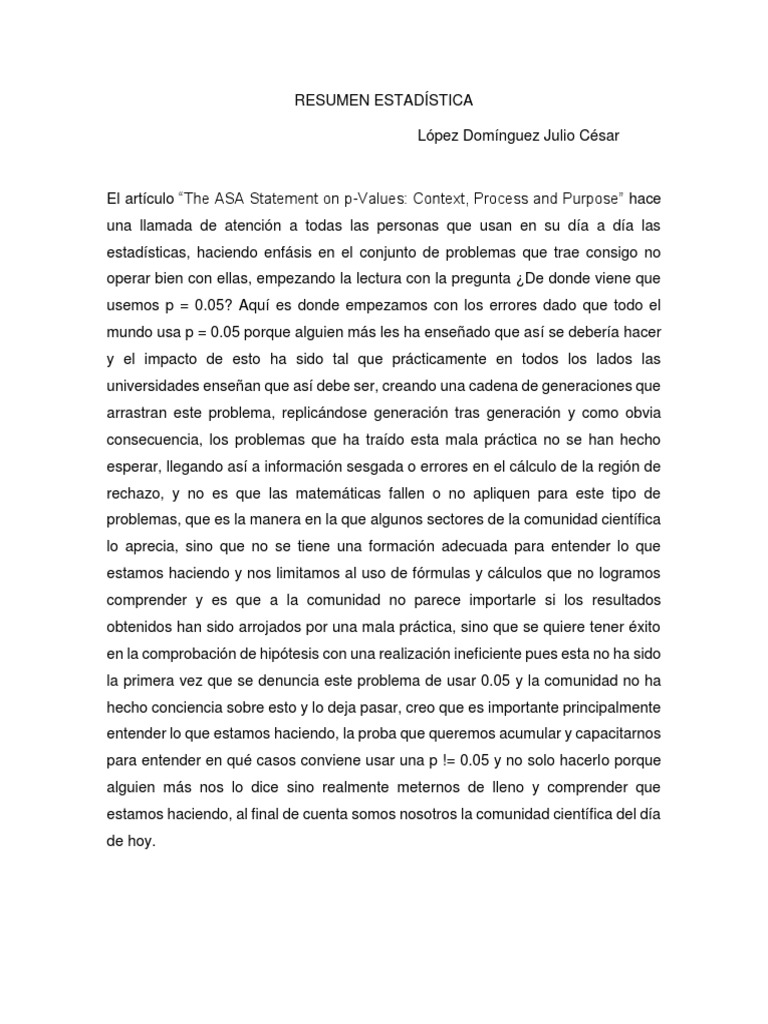 Resumen "The Asa Statement On P-Values: Context, Process and Purpose" | PDF