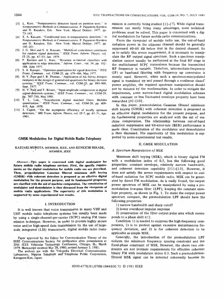 GMSK For Digital Mobile Radio Telephony | PDF | Modulation | Bandwidth ...