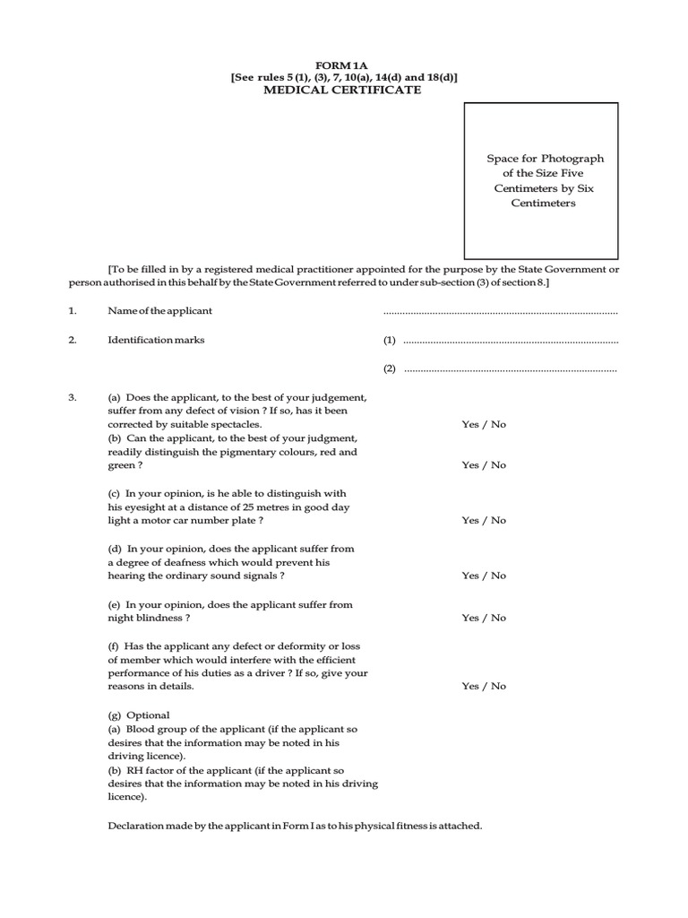 Medical Certificate Form 1A for Drivers | PDF | Driver's License ...