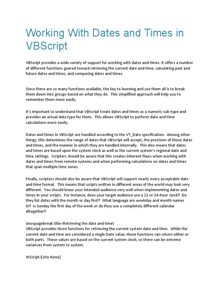 VBScript Date and Time Functions | PDF | Data Type | Parameter ...