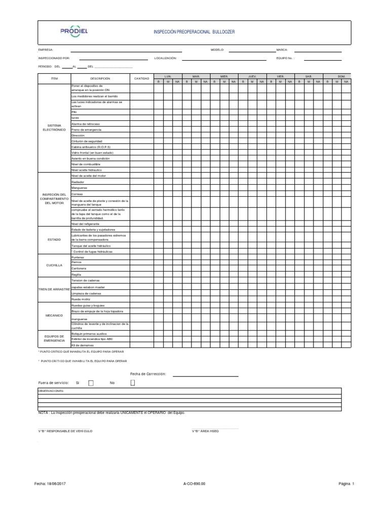 Checklist Preoperacional Bulldozer | PDF | Tanques | Vehículos