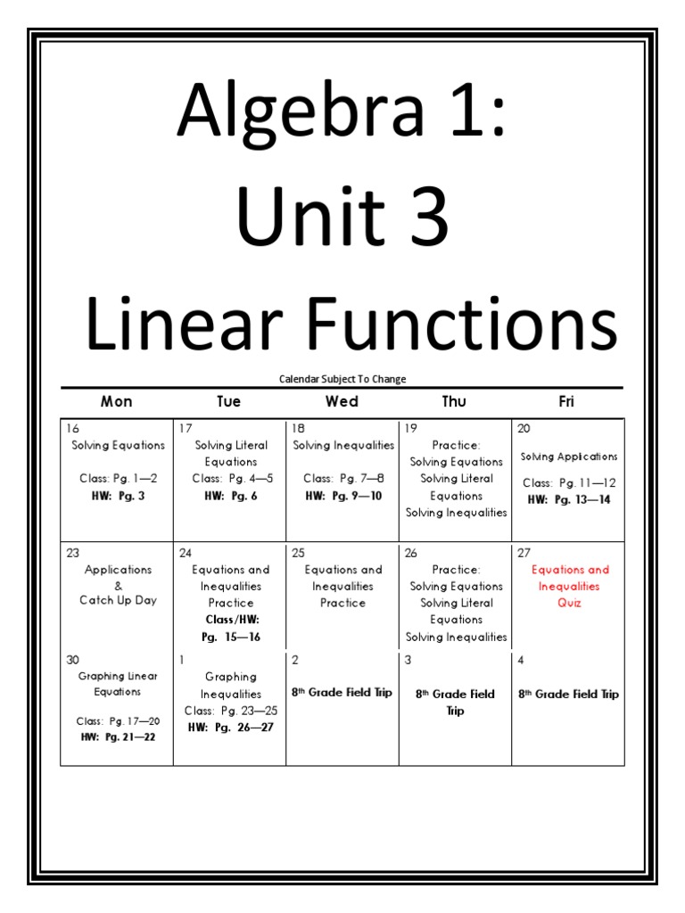 Algebra 1 Unit 3: Linear Functions Guide | PDF | Function (Mathematics ...