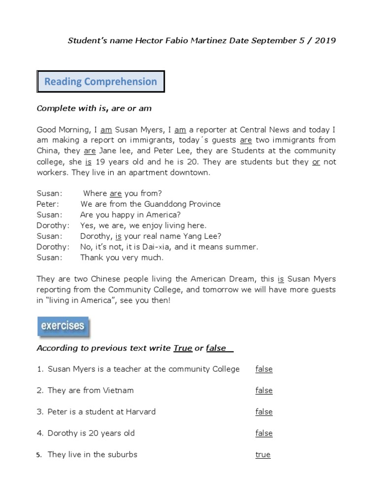 Verb To Be Reading Comprehension Exercise | PDF | Social Science