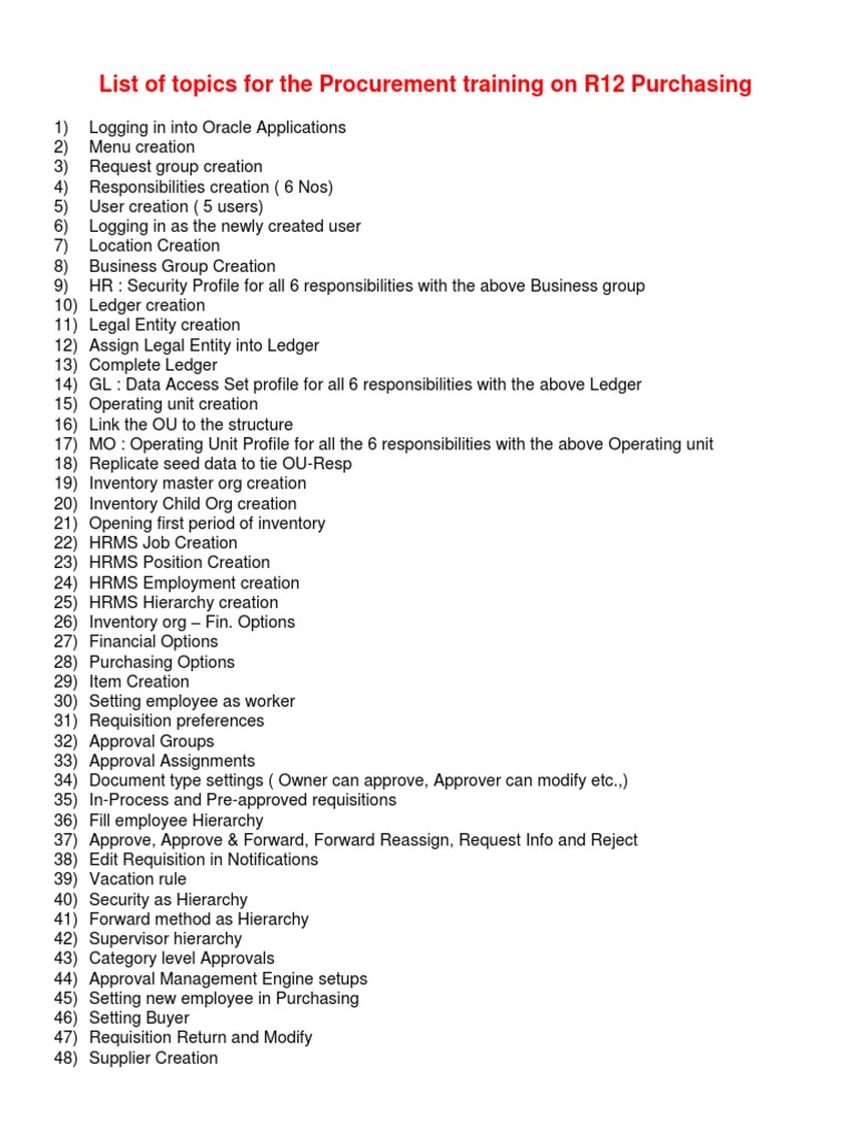 List of Topics For The Procurement Training On R12 Purchasing ...