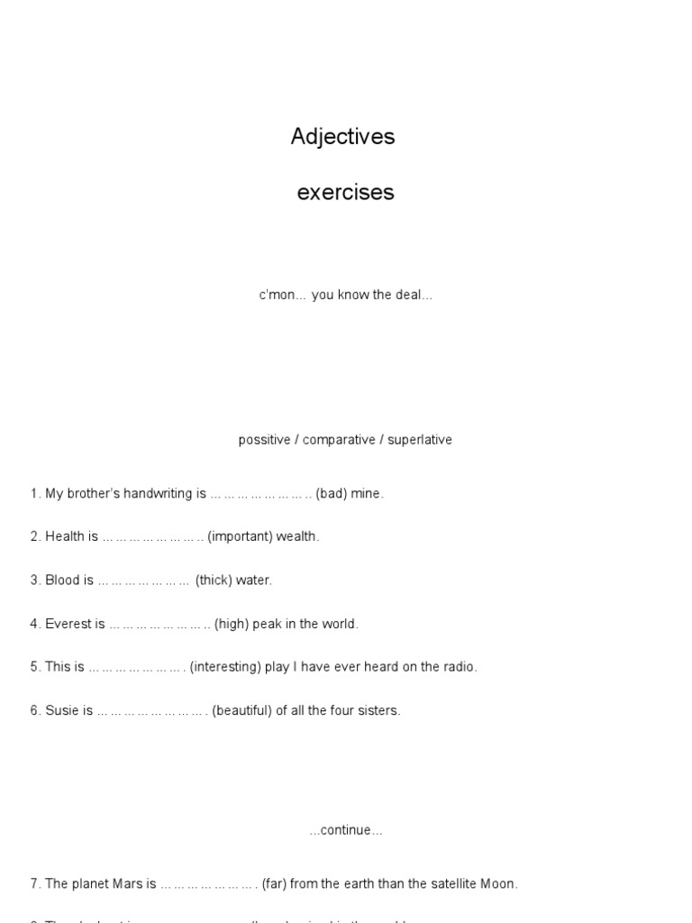 Adjectives Exercises: C'mon You Know The Deal.. | PDF | Home & Garden