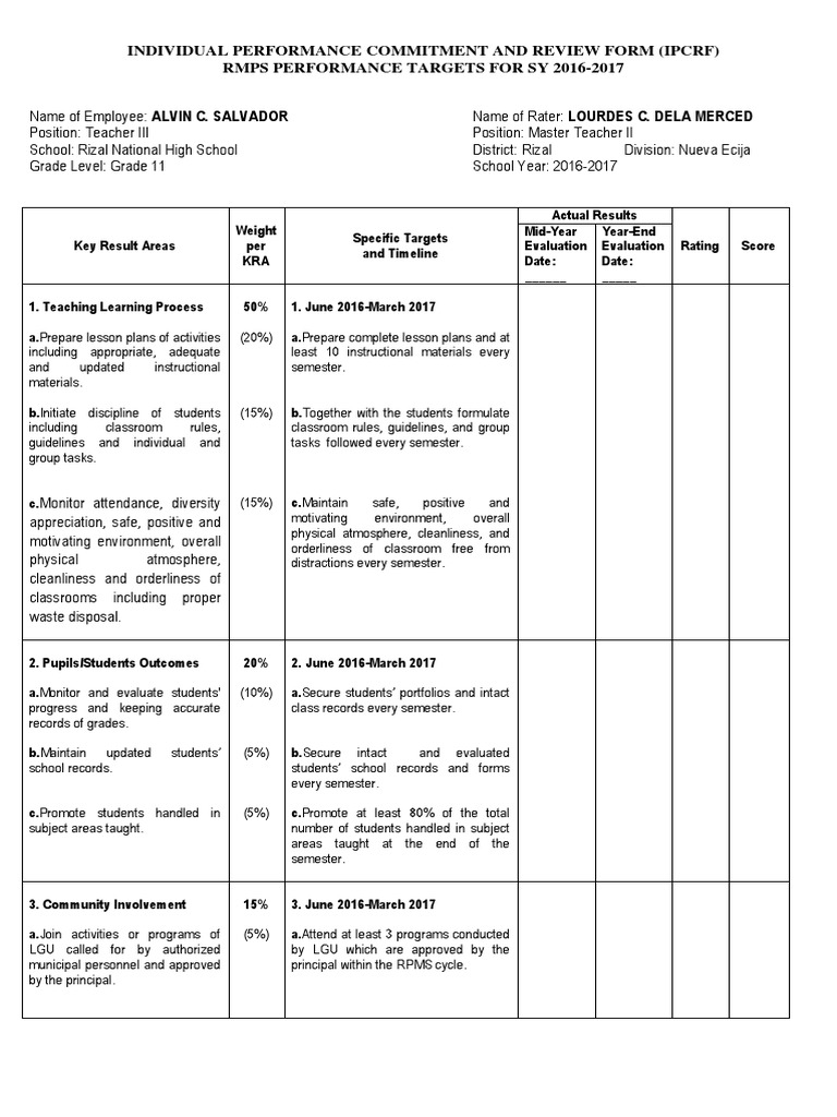 Individual Performance Commitment and Review Form (Ipcrf) Rmps ...