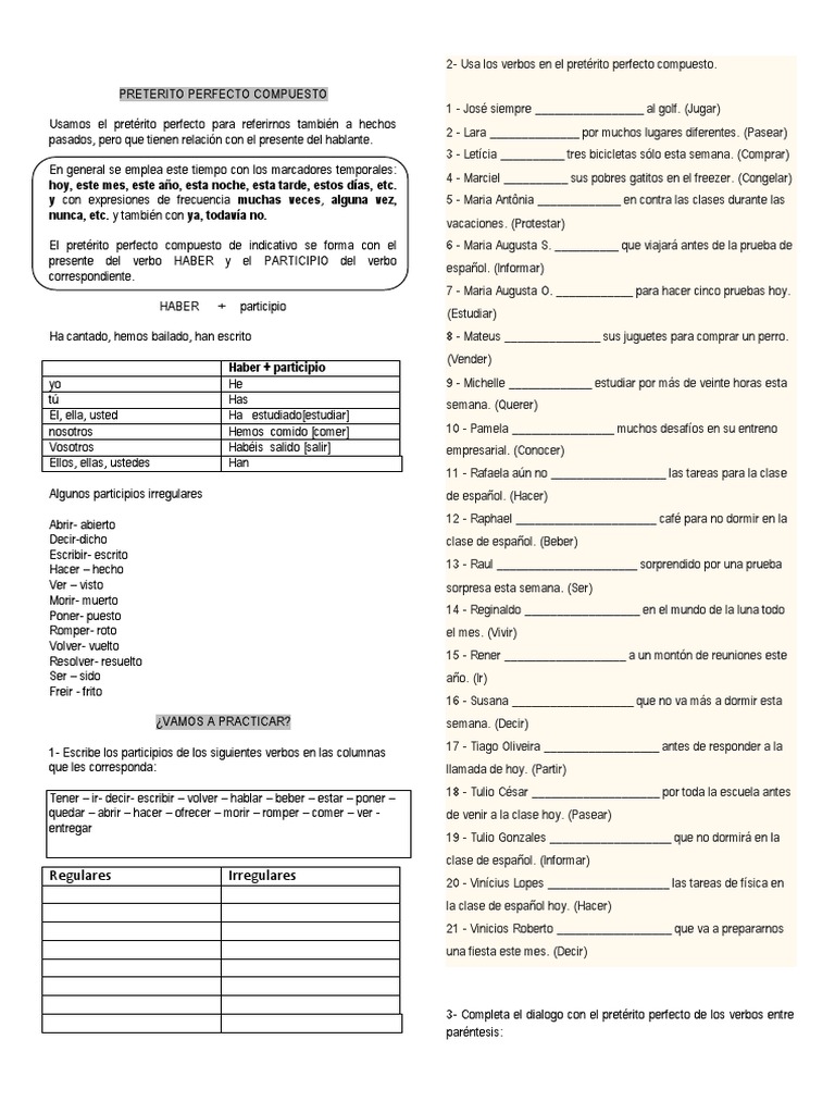 Preterito Perfecto Compuesto Ejercicios de Gramatica | PDF