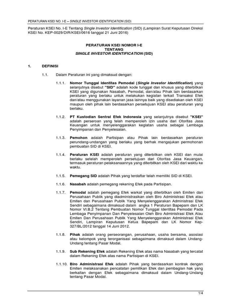 Peraturan KSEI No. I-E Tentang Single Investor Identification (SID) PDF ...