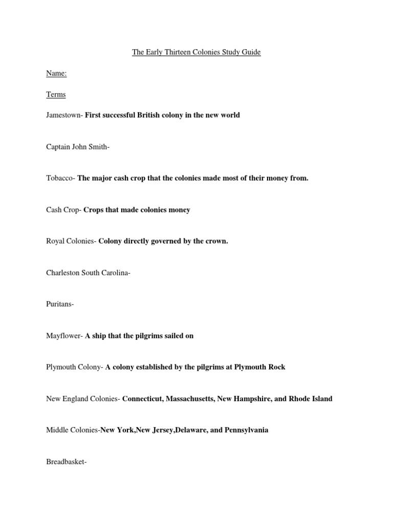 The Early Thirteen Colonies Study Guide | PDF | Thirteen Colonies ...