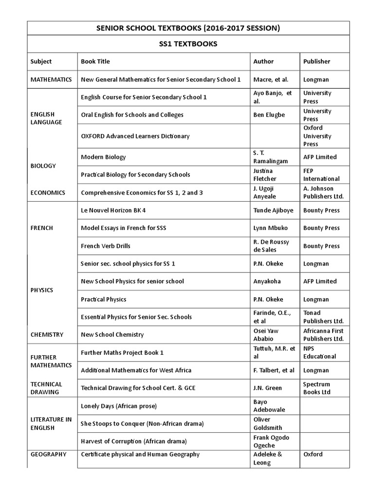 Senior School Textbooks (2016-2017 Session) Ss1 Textbooks: Subject Book ...