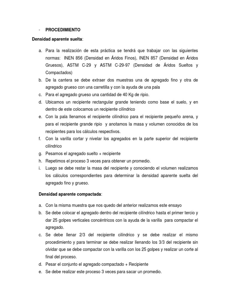 Densidad Aparente Suelta y Compactada | PDF | Densidad | Volumen