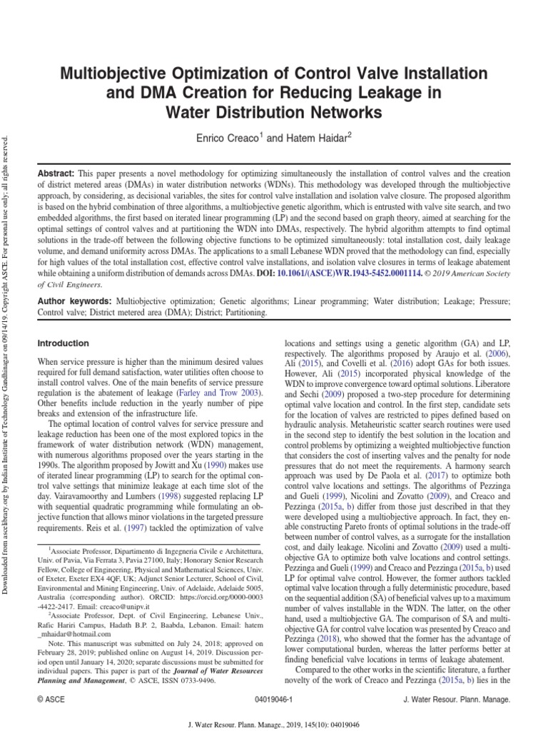 Multiobjective Optimization of Control Valve Installation and DMA Creation For Reducing Leakage ...