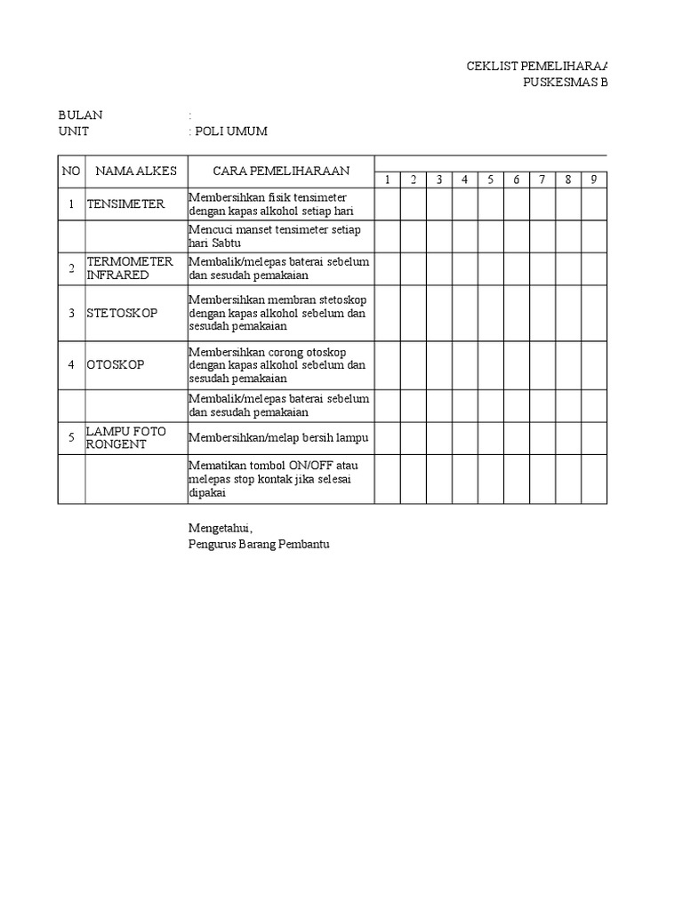 Ceklist Pemeliharaan Alkes Poli Umum | PDF