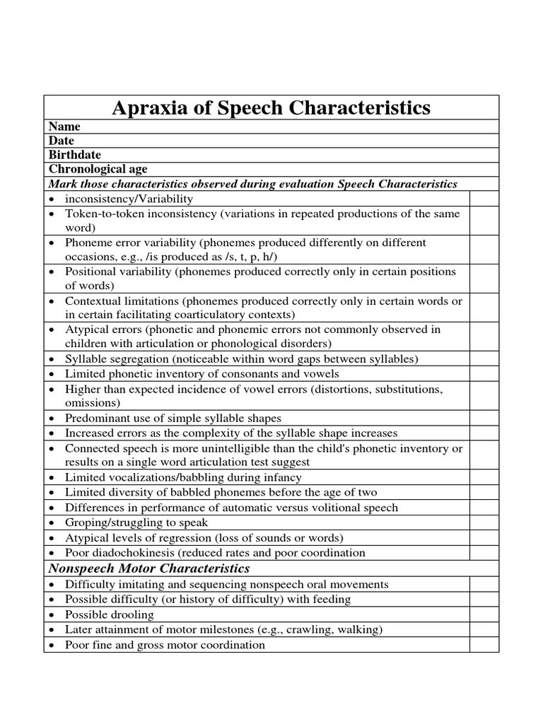 Apraxia of Speech Characteristics | PDF | Speech | Phoneme