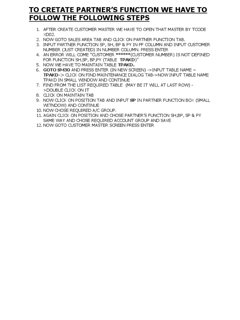 To Cretate Partner Functionpartner Determination in Sap SD | PDF ...