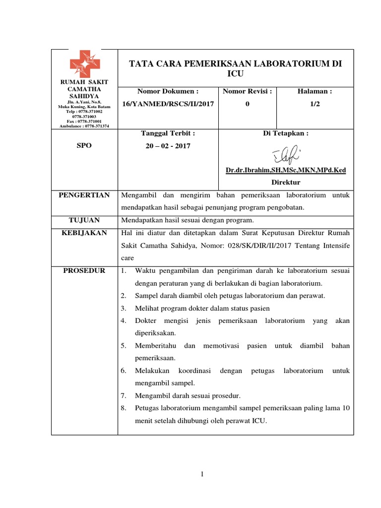 Prosedur Laboratorium ICU RS Camatha | PDF