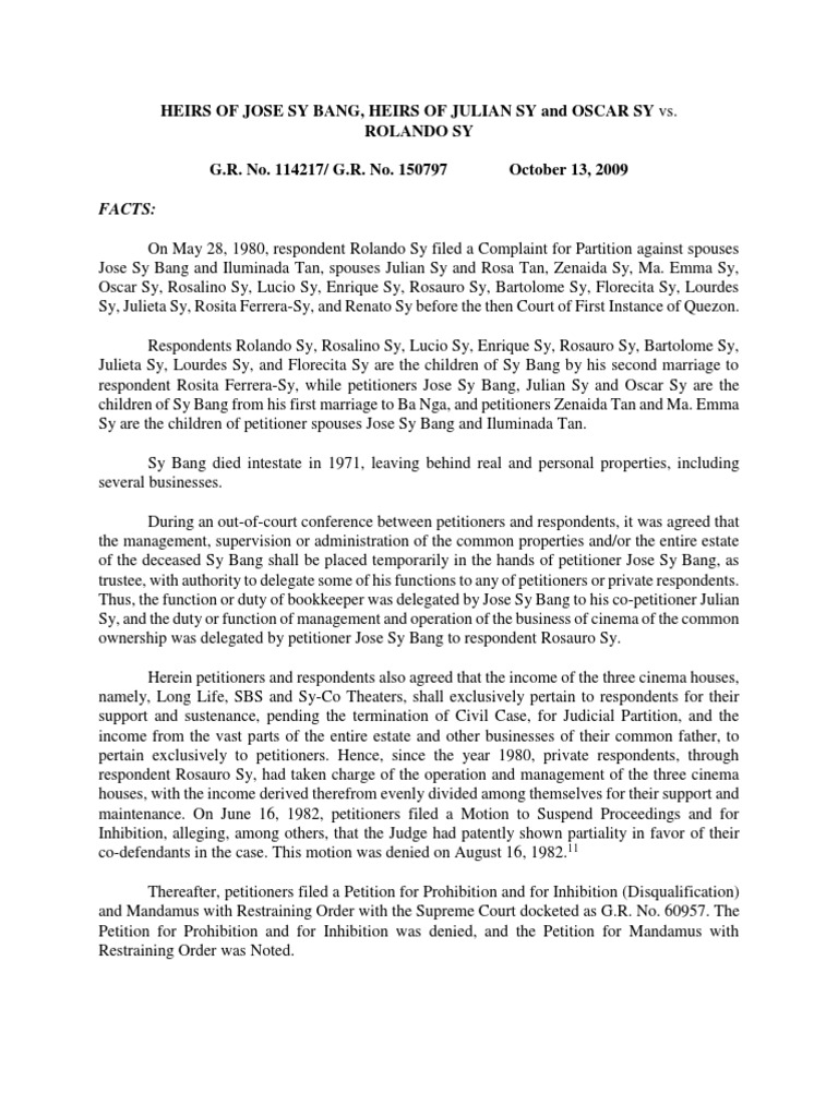 Heirs of Jose Sy Bang, Heirs of Julian Sy and Oscar Sy vs. Rolando Sy G ...